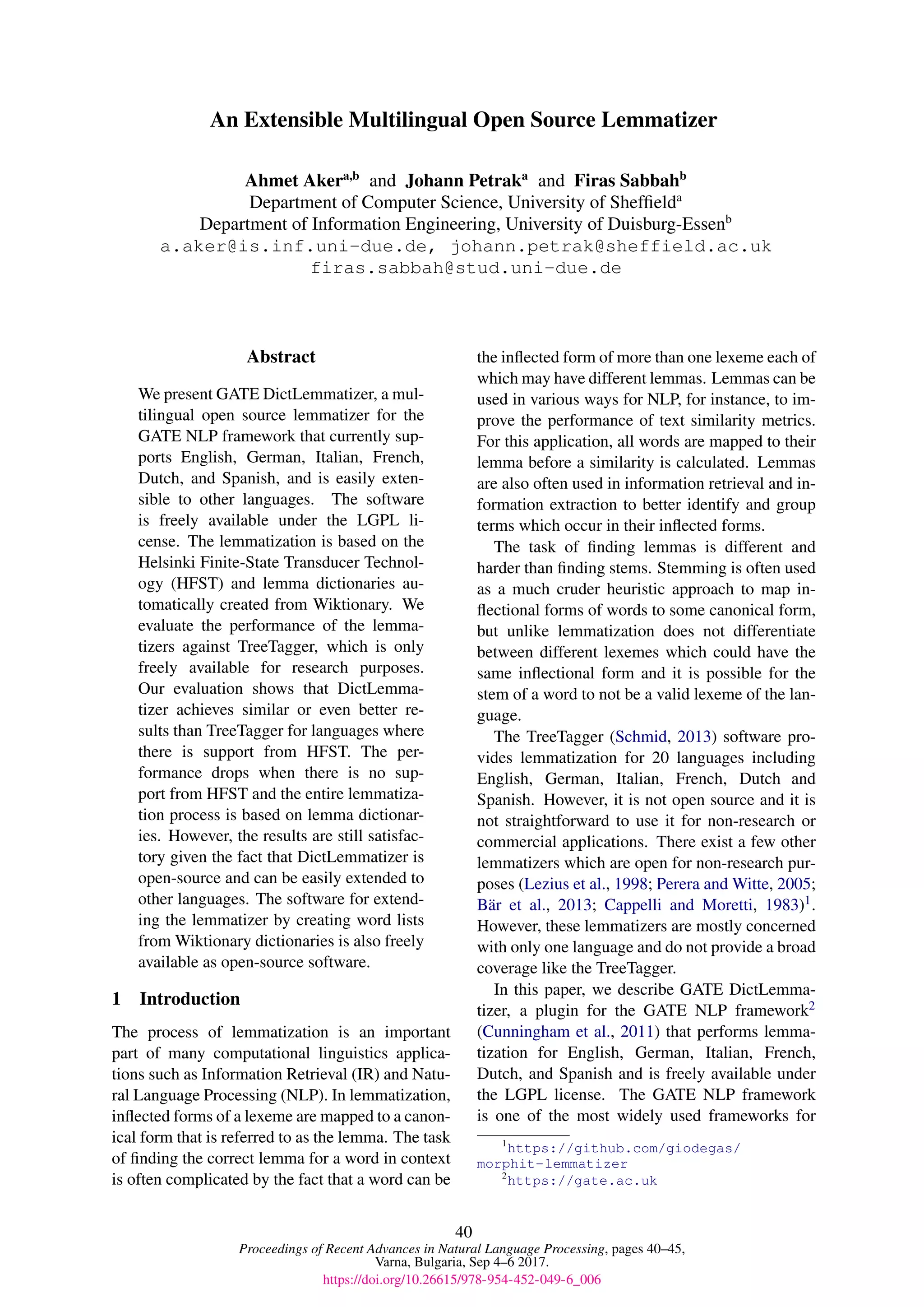 An Extensible Multilingual Open Source Lemmatizer | PDF