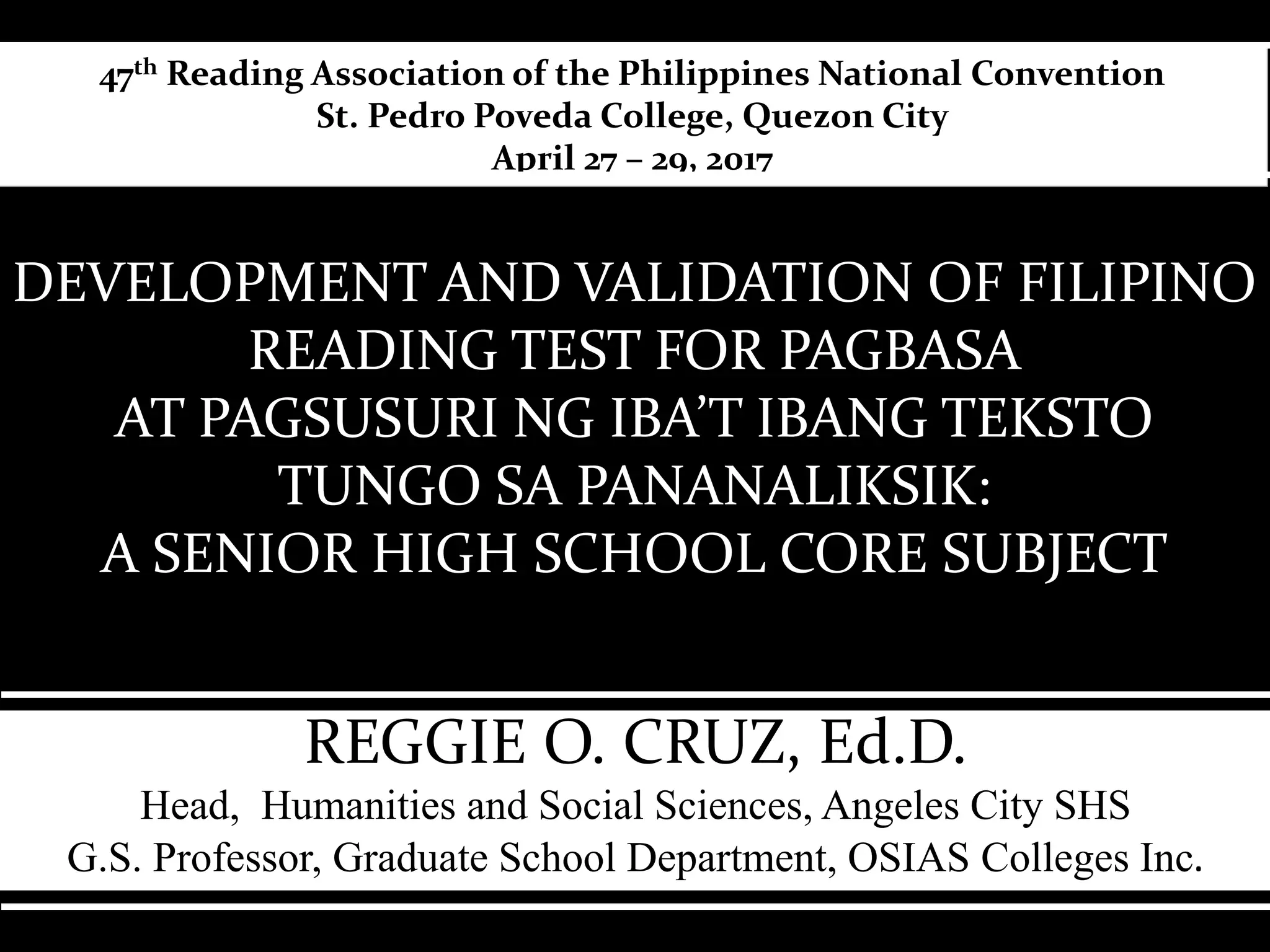 Development and Validation of Filipino Reading Test for Senior High ...