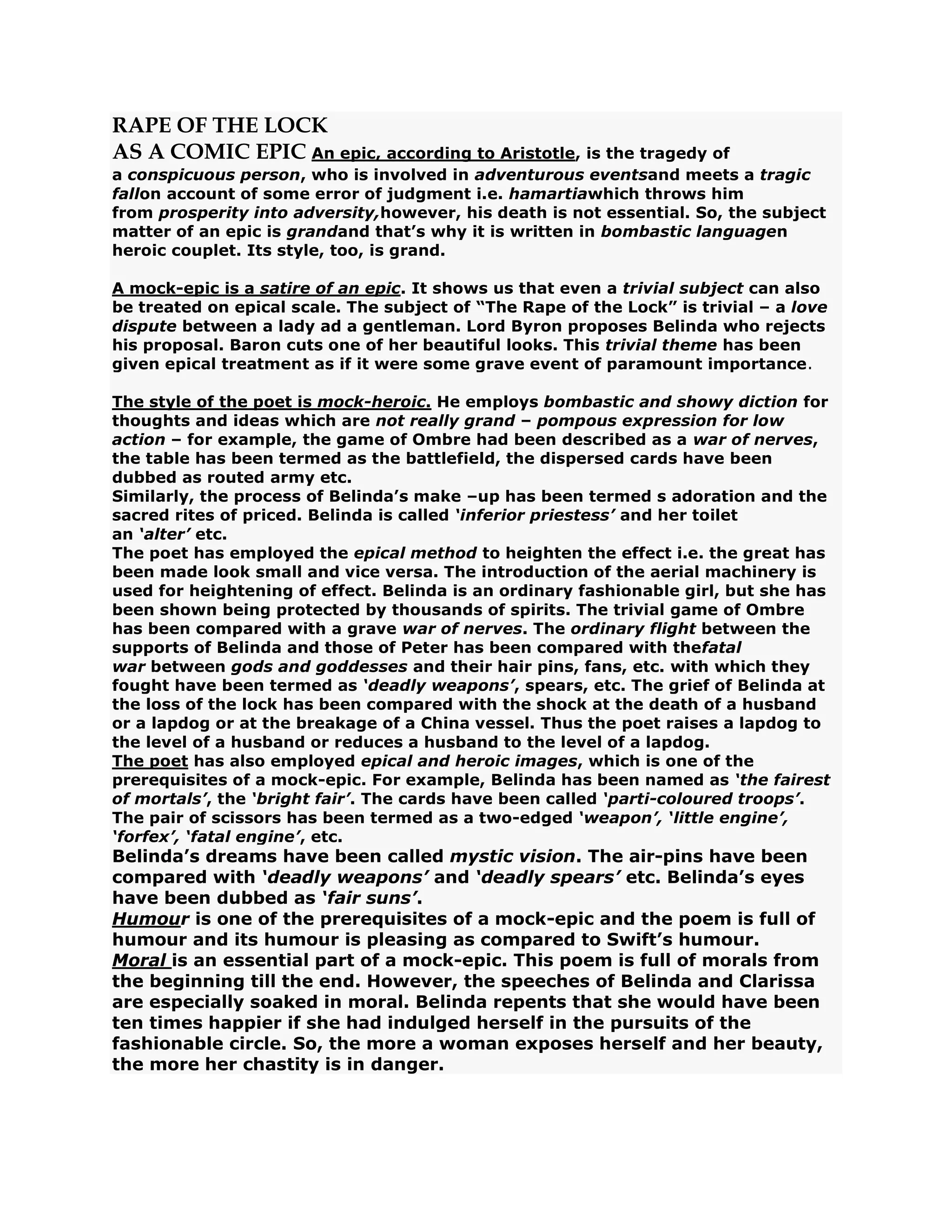 Rape of the lock as mock epic frk niazi | DOCX