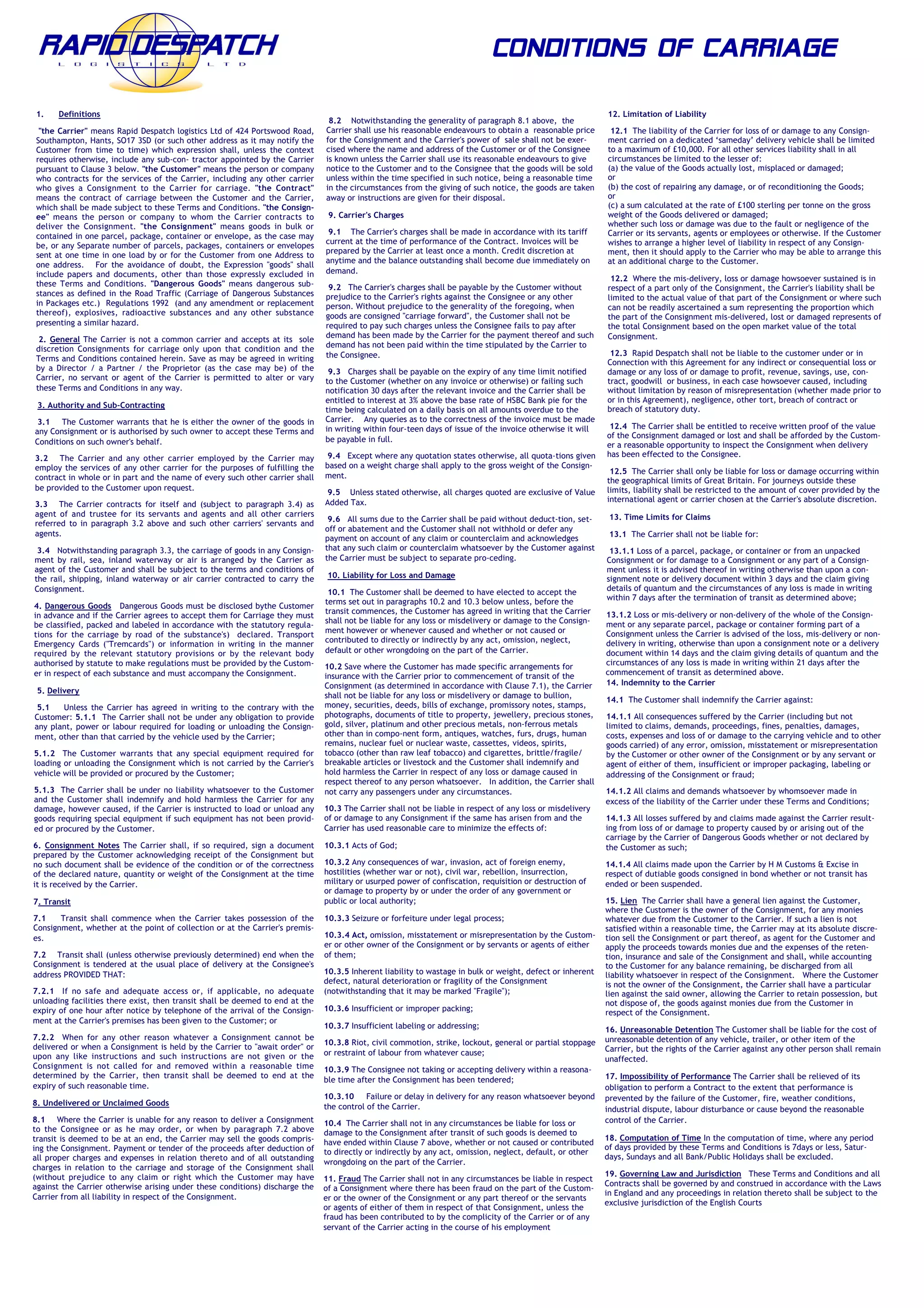 Rapid despatch conditions of carriage | PDF