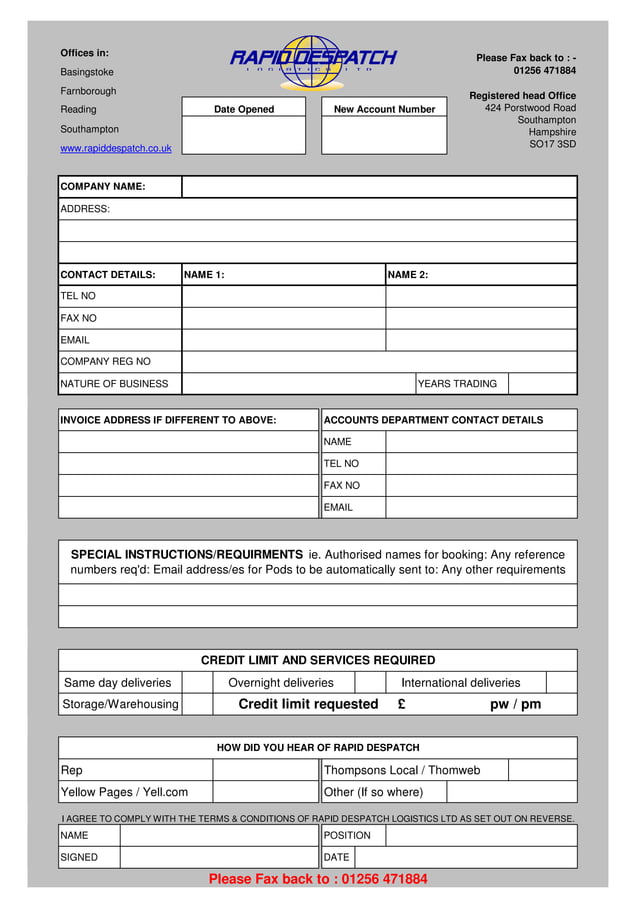 Rapid despatch courier account form | PDF | Logistics | Business
