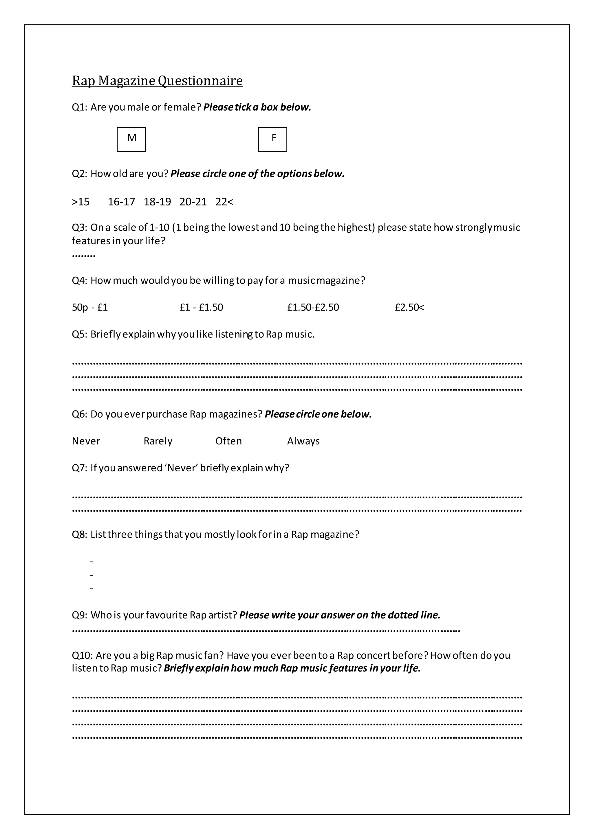 Rap Magazine Questionnaire | DOCX