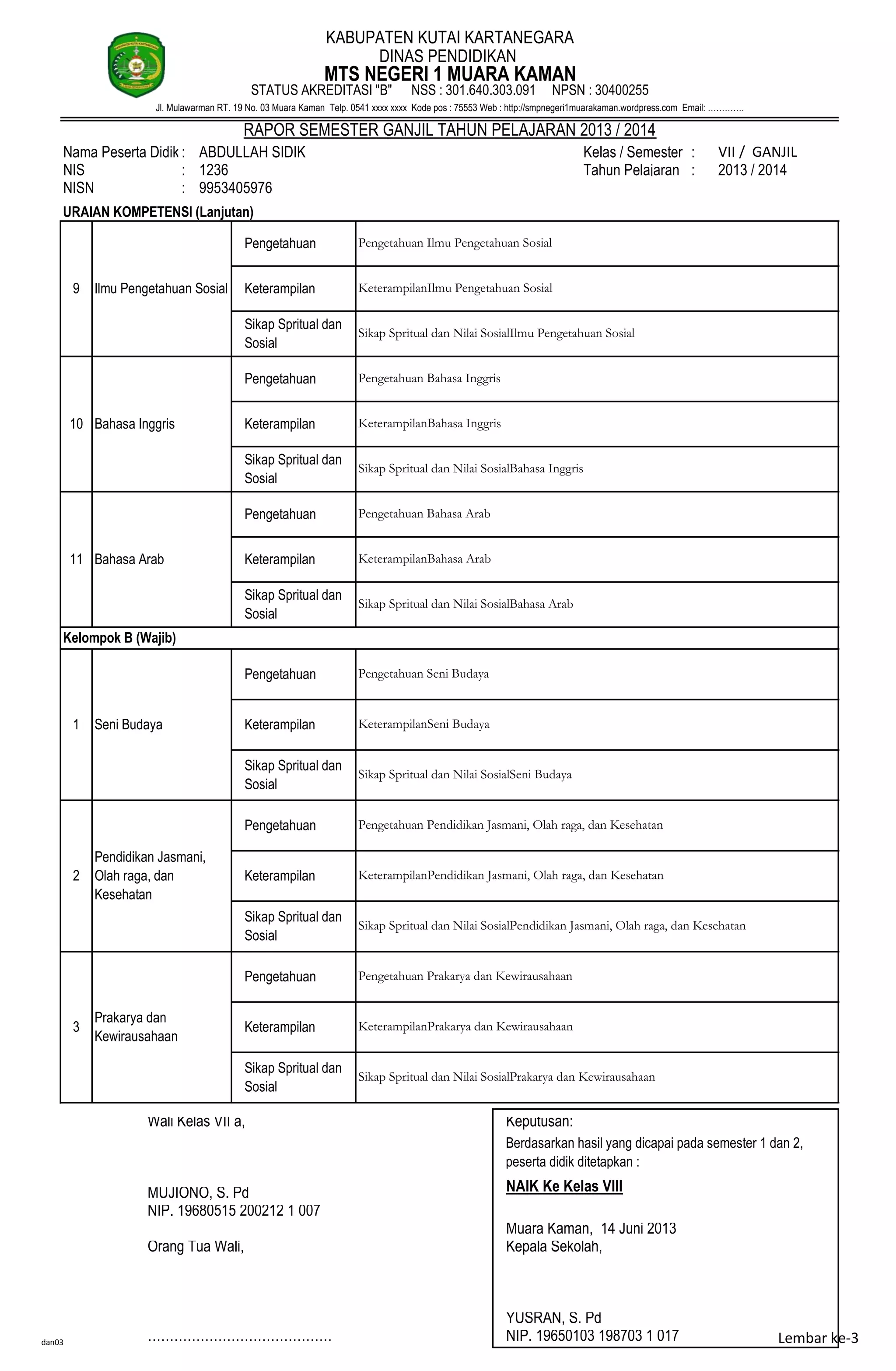 Rapor MTs kurikulum 2013 | PDF