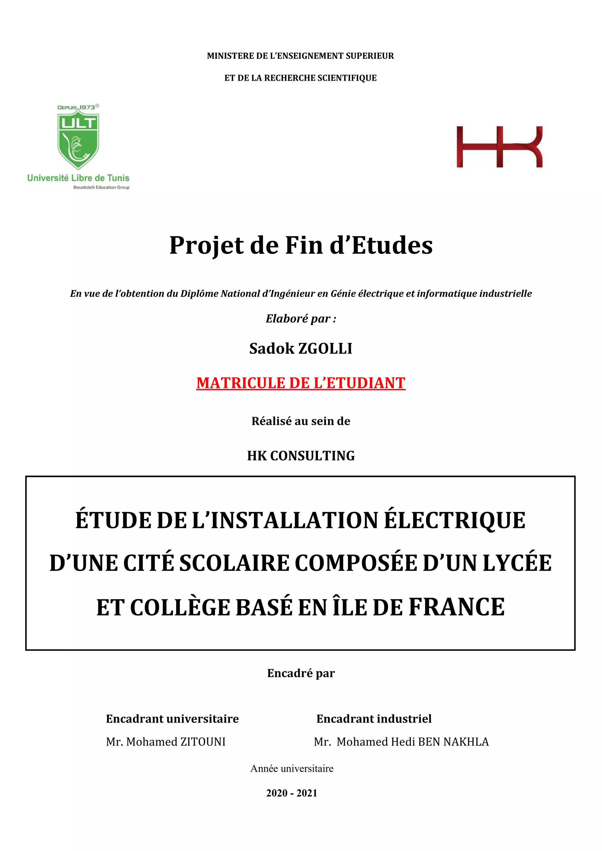 Rapport Stage PFE Bureau D'étude Electricité : ÉTUDE DE L’INSTALLATION ...