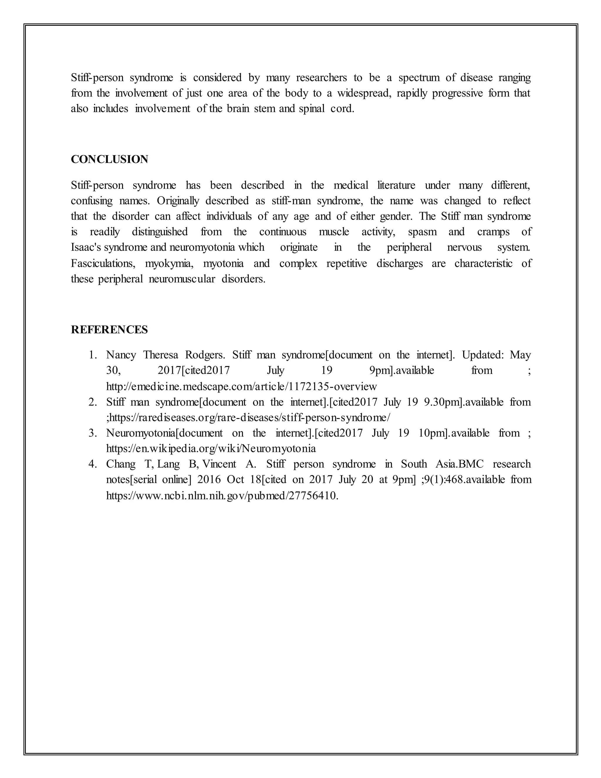 Rare case on stiff man syndrome versus neuromyotonia | DOCX | Physical ...