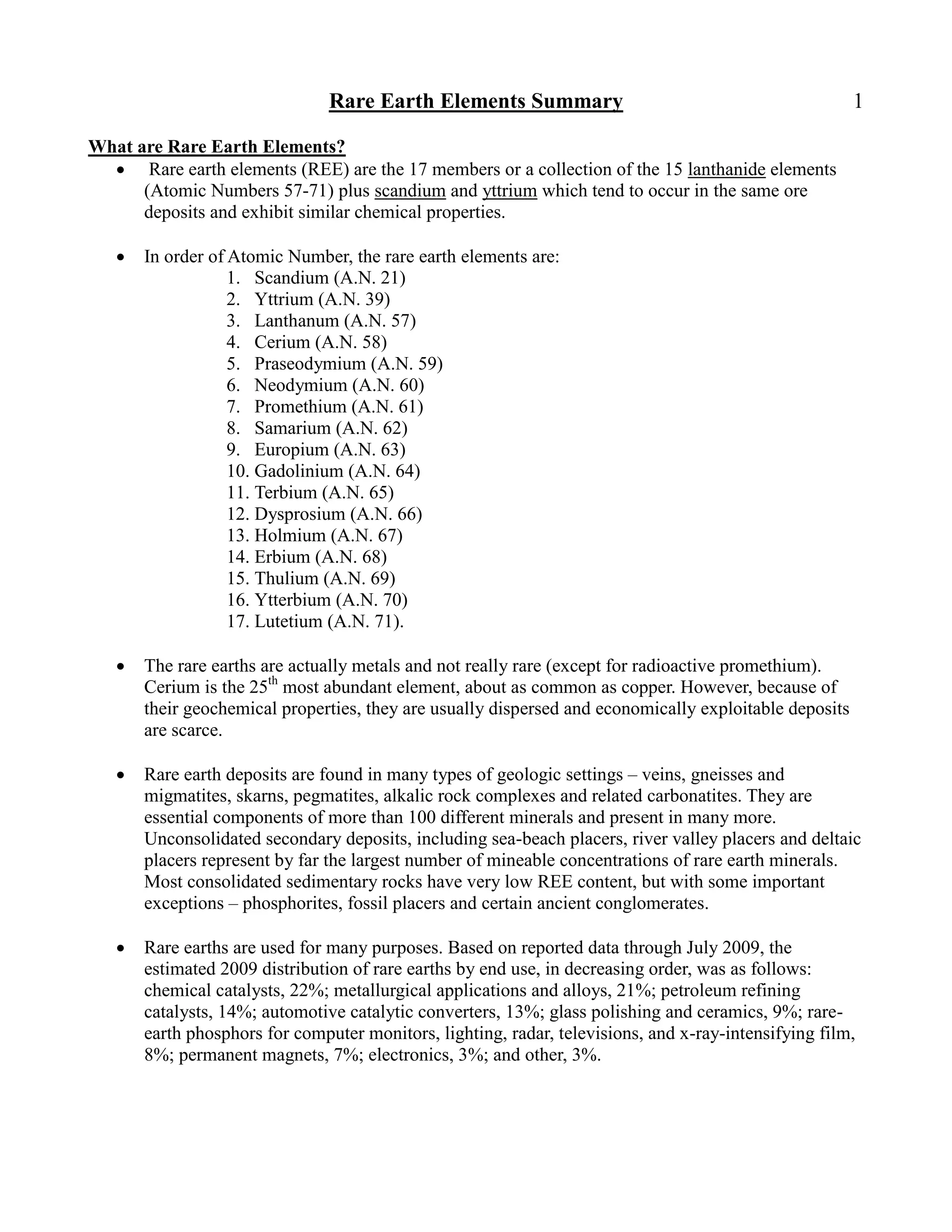 Rare earth elements summary | PDF