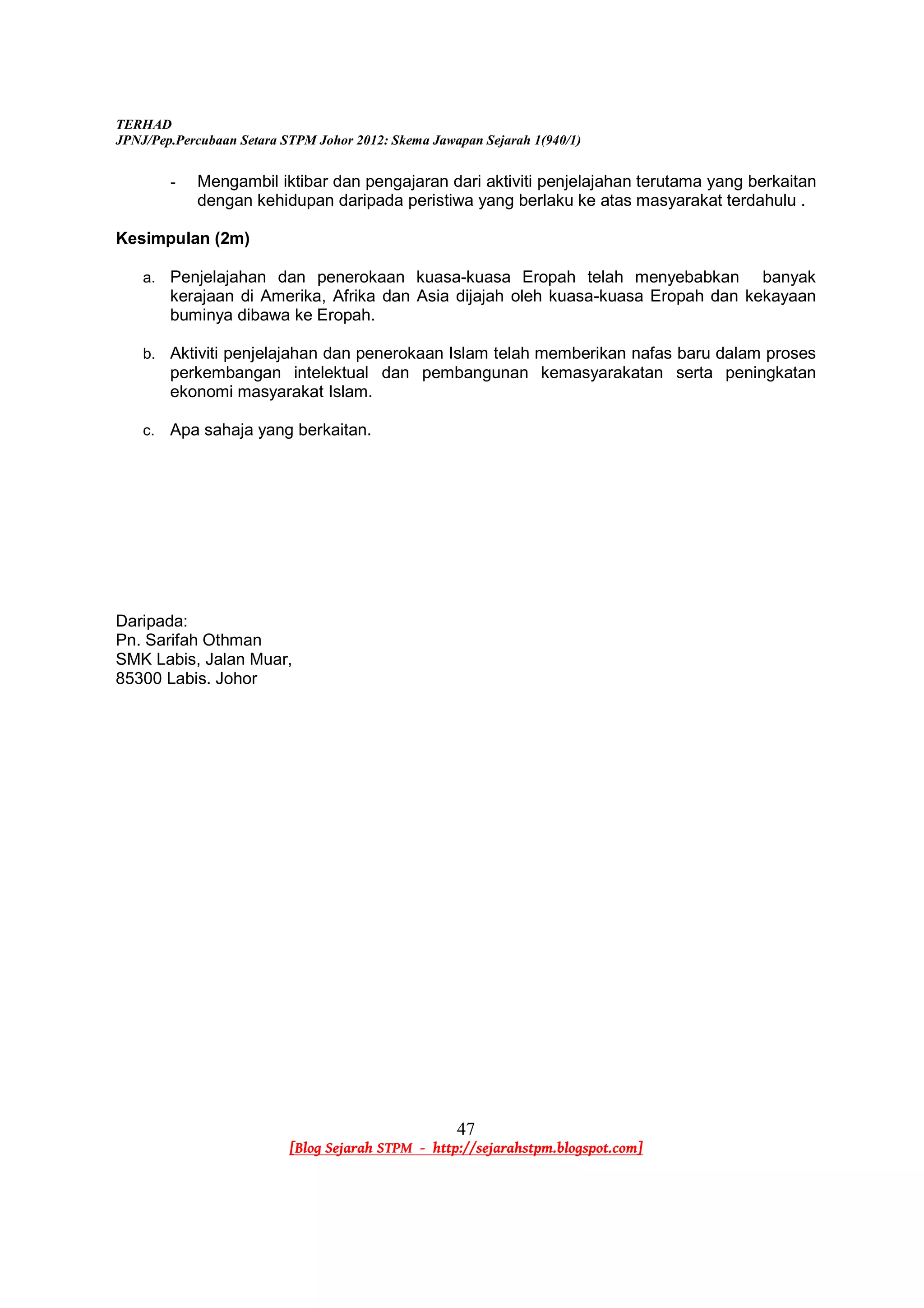 Rashman skema jawapan sejarah 1 johor 2012 | PDF