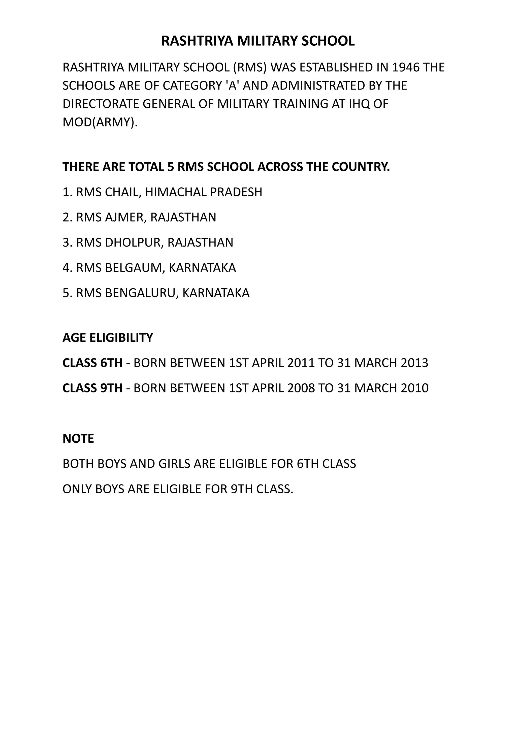 RASHTRIYA MILITARY SCHOOL IN INDIA COUNTRY | PDF