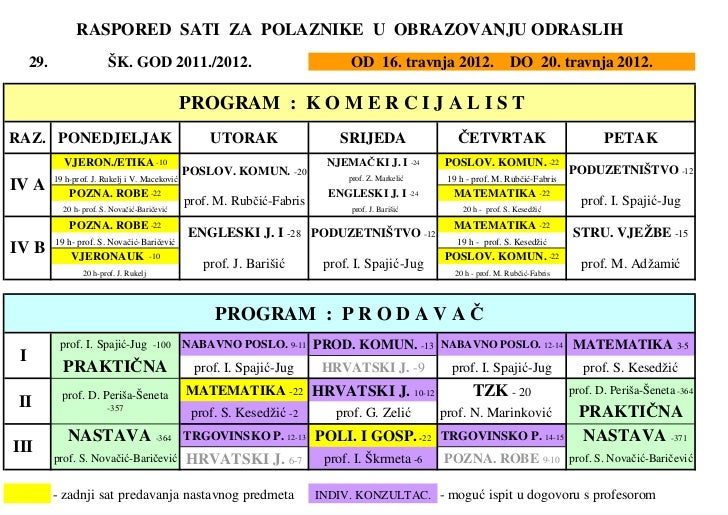 RASPORED SATI ZA POLAZNIKE U OBRAZOVANJU ODRASLIH - 2012. god.