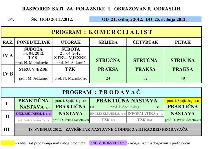 RASPORED SATI ZA POLAZNIKE U OBRAZOVANJU ODRASLIH - 2012. god.
