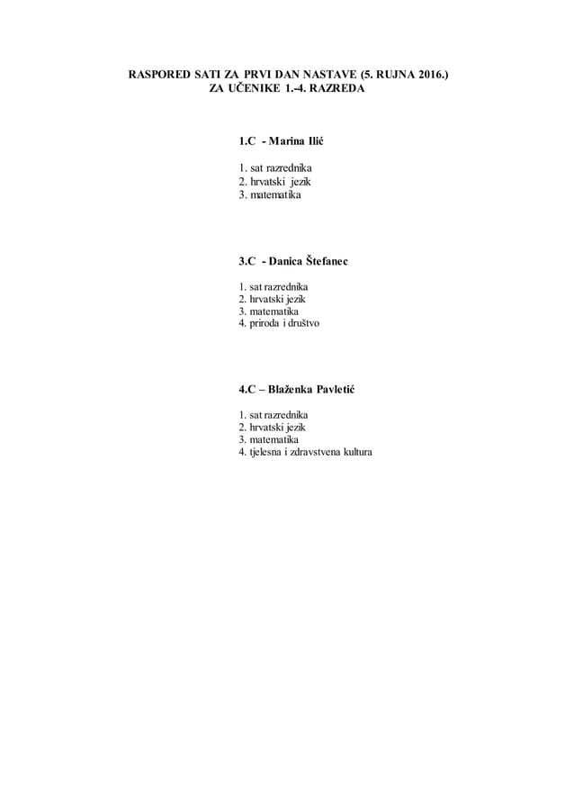 Raspored za prvi dan nastave razredna nastava - d | DOCX