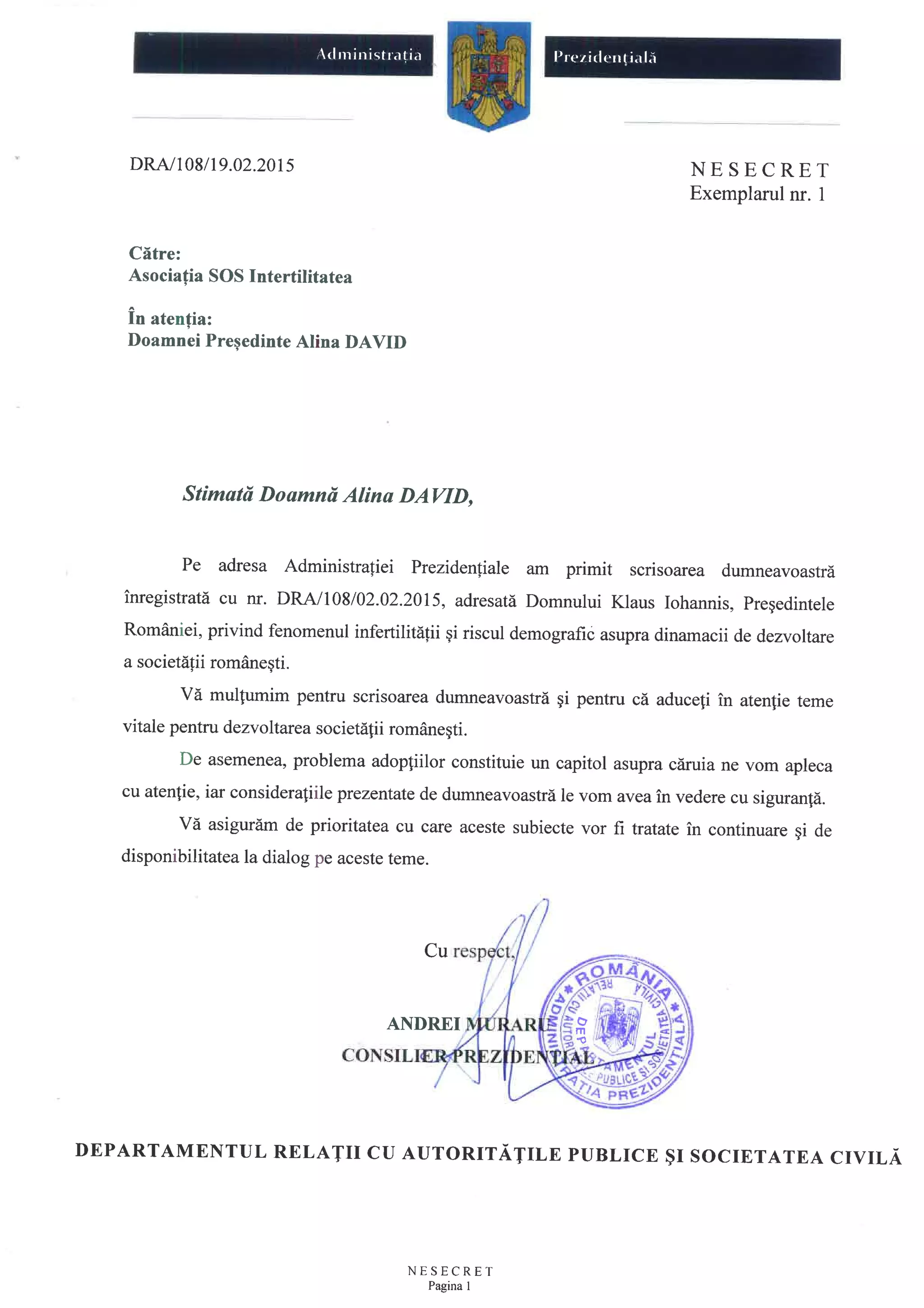 Raspuns Administratia Prezidentiala pentru SOS Infertilitatea 2015 | PDF