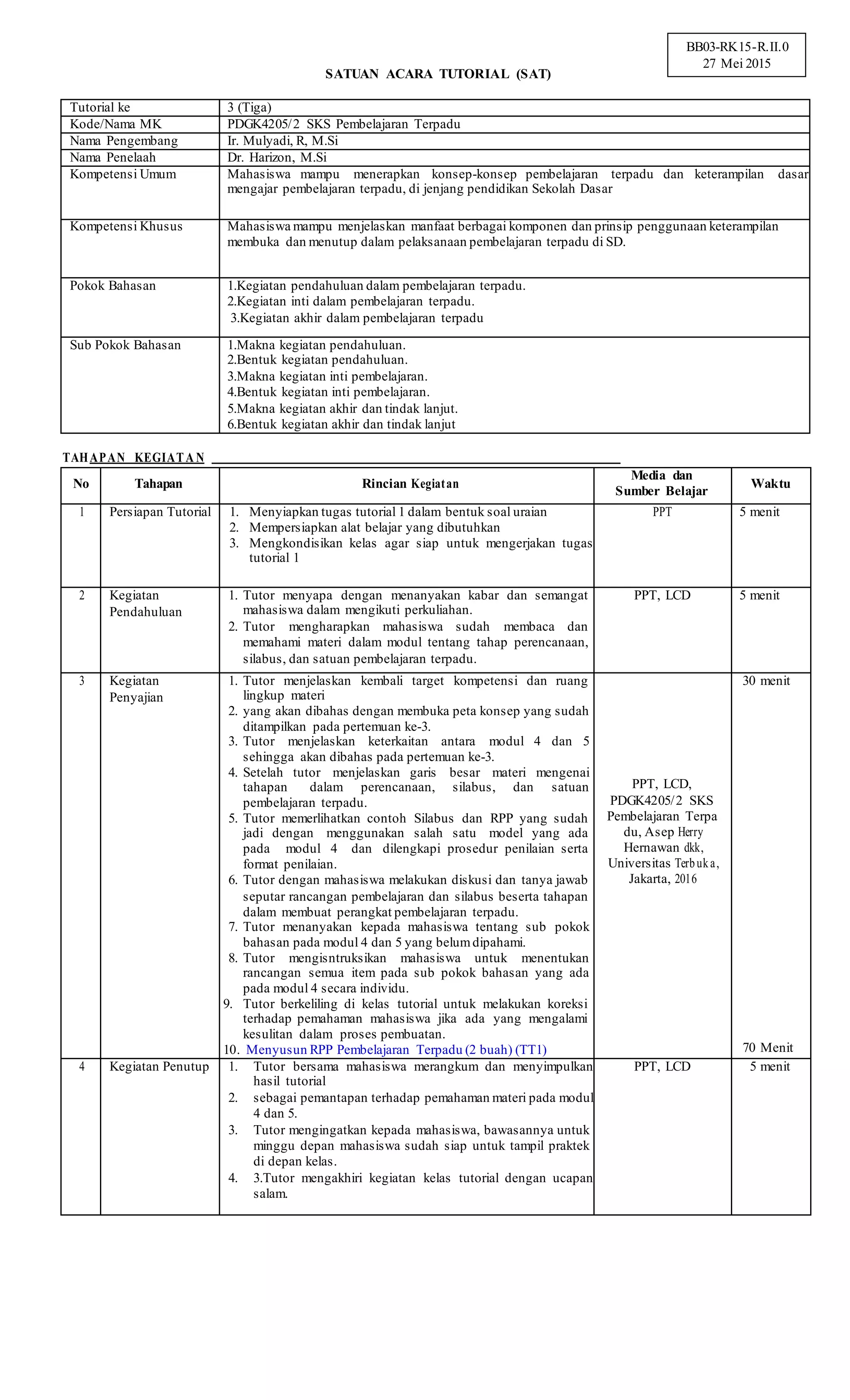 Rat dan sat pembelajaran terpadu di sd | DOCX