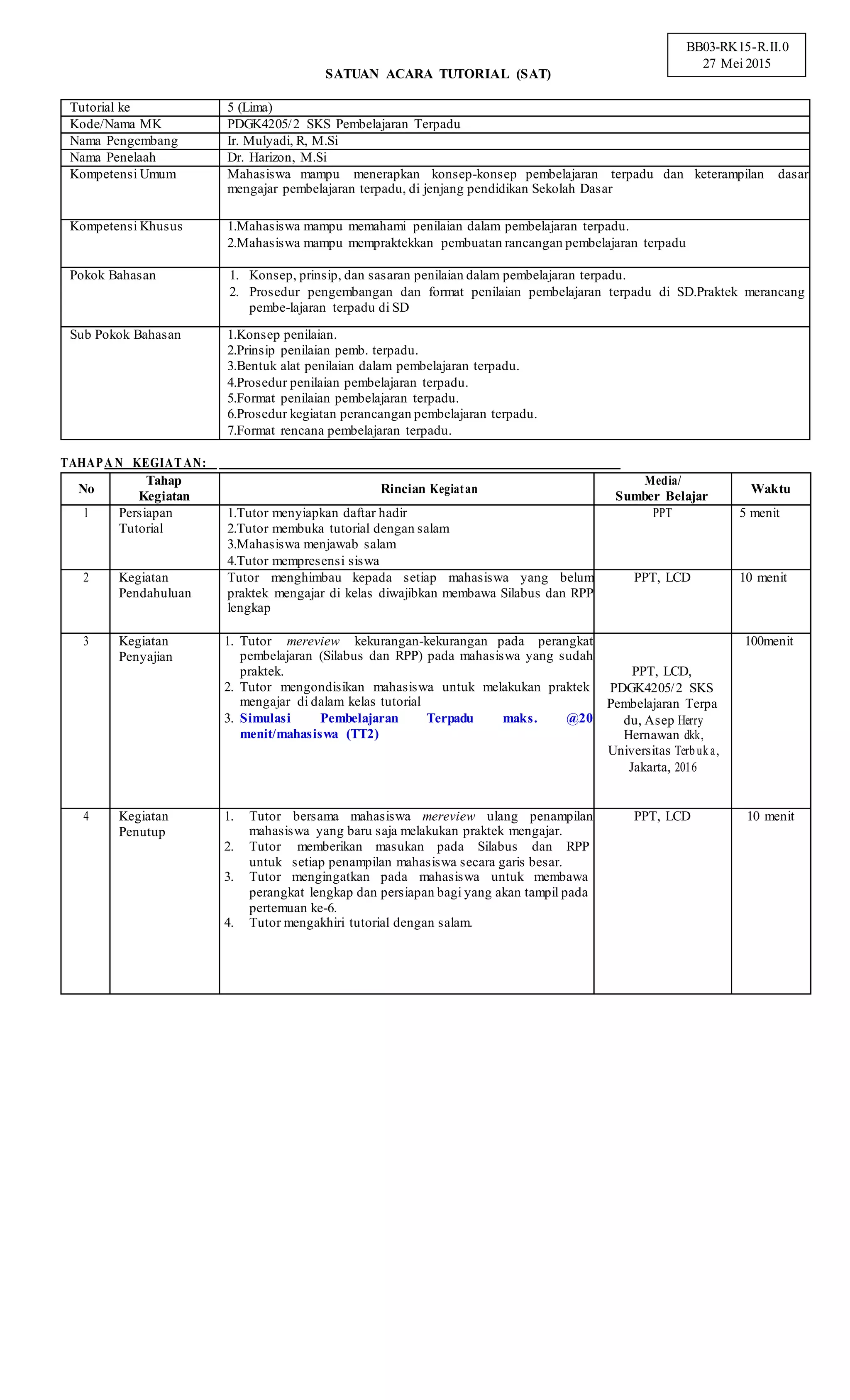 Rat dan sat pembelajaran terpadu di sd | DOCX