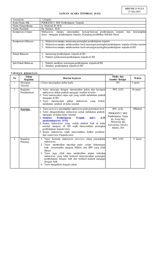 Rat dan sat pembelajaran terpadu di sd | DOCX