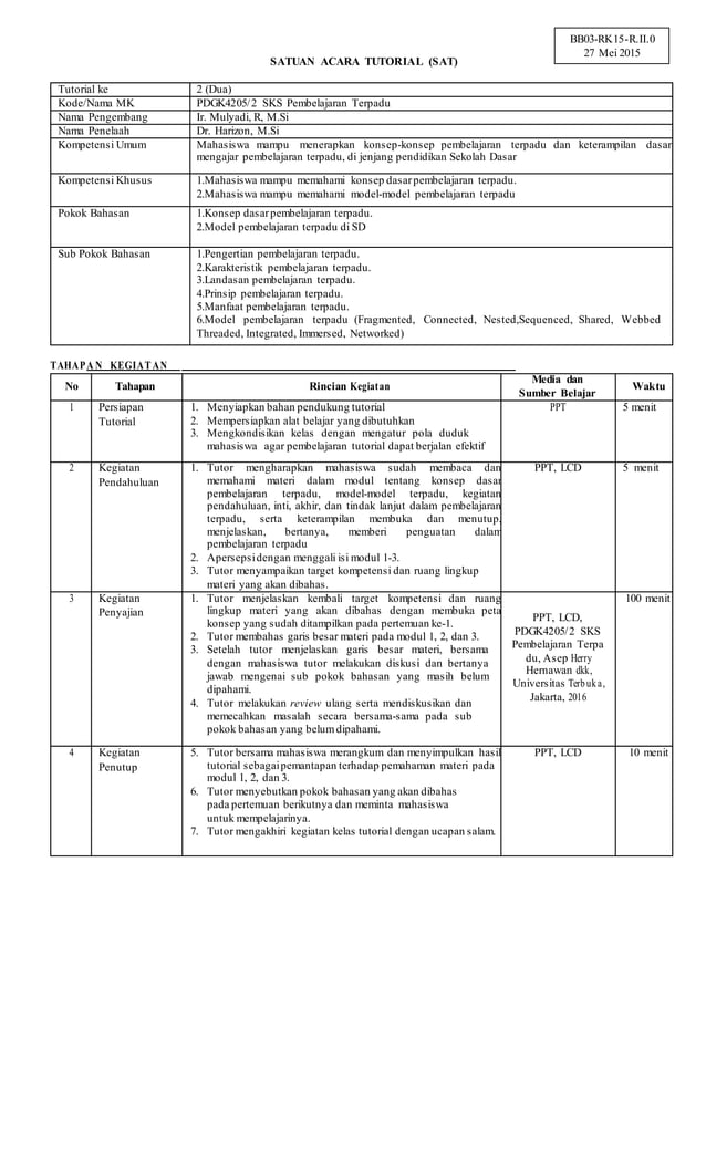 Rat dan sat pembelajaran terpadu di sd | DOCX