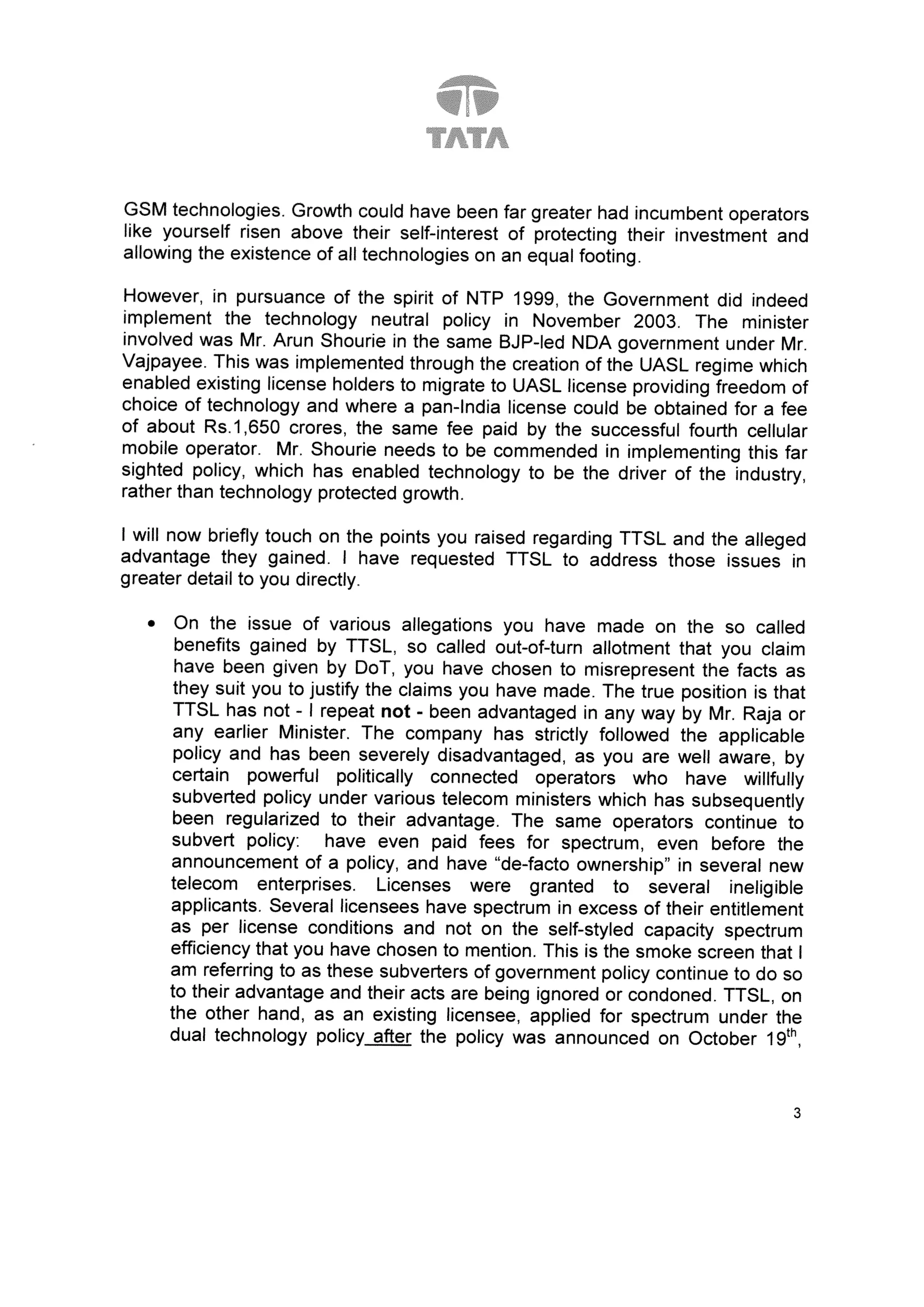 Ratan Tata Letter - reply to Rajeev Chandrashekhar | PDF