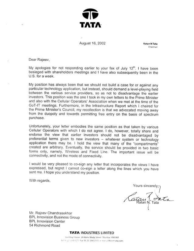 Ratan Tata Letter - reply to Rajeev Chandrashekhar | PDF