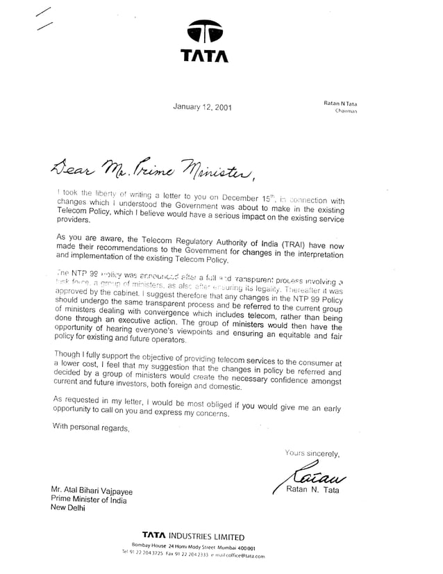 Ratan Tata Letter - reply to Rajeev Chandrashekhar | PDF