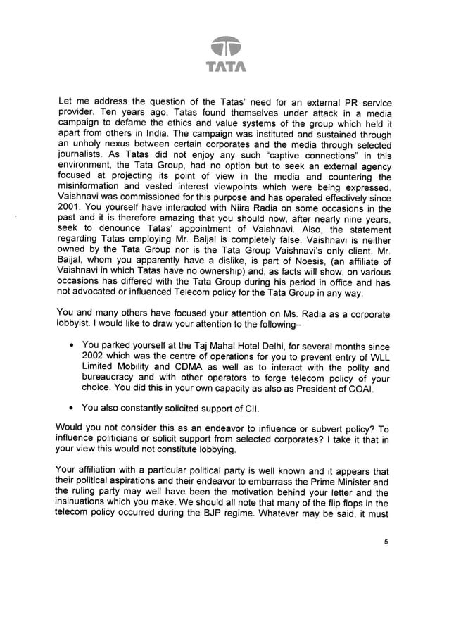 Ratan Tata Letter - reply to Rajeev Chandrashekhar | PDF