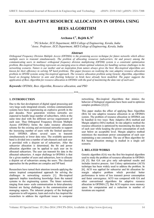 Rate adaptive resource allocation in ofdma using bees algorithm | PDF