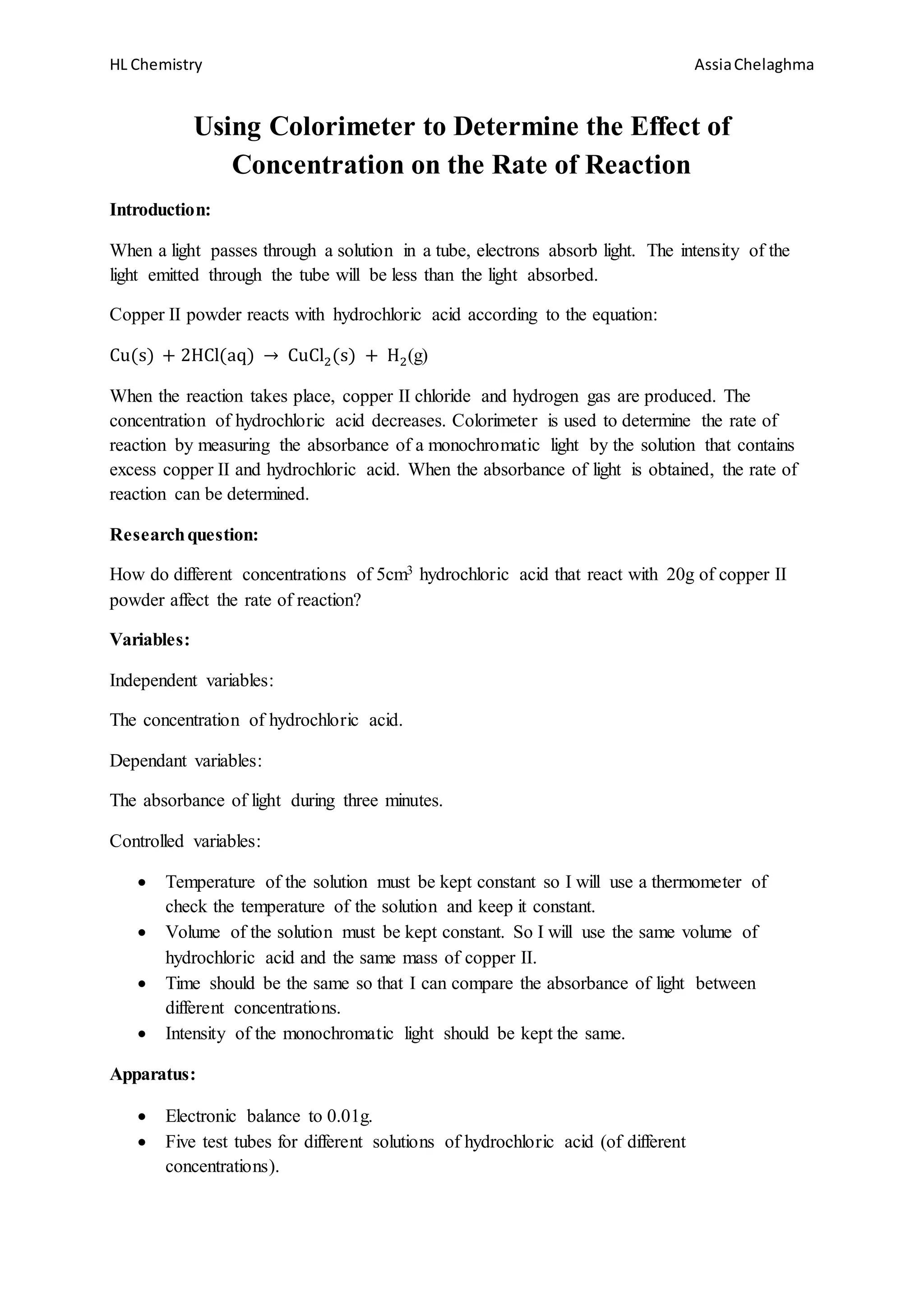 IB Chemistry HL IA Rate of reaction, Chemistry lab | DOCX