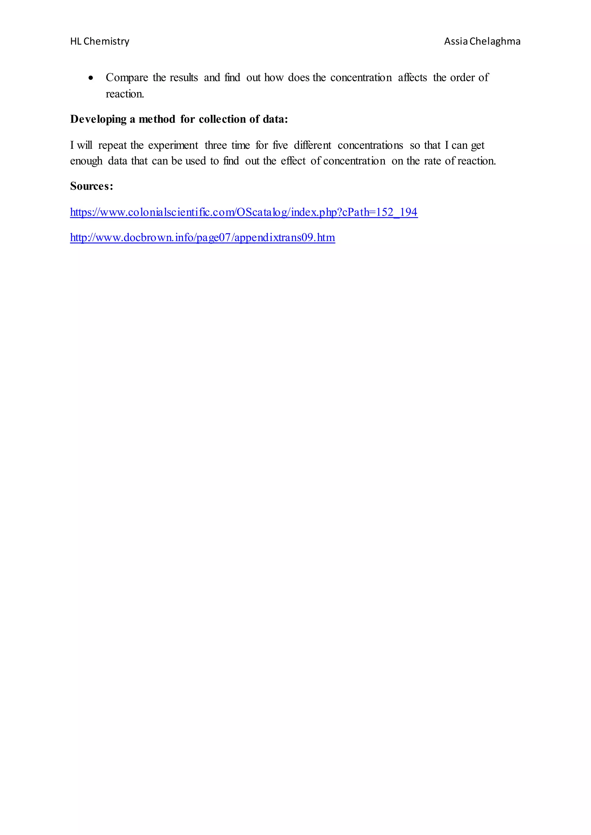 IB Chemistry HL IA Rate of reaction, Chemistry lab | DOCX
