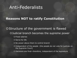 Ratifying the constitution: Federalists vs Anti Federalists | PPT