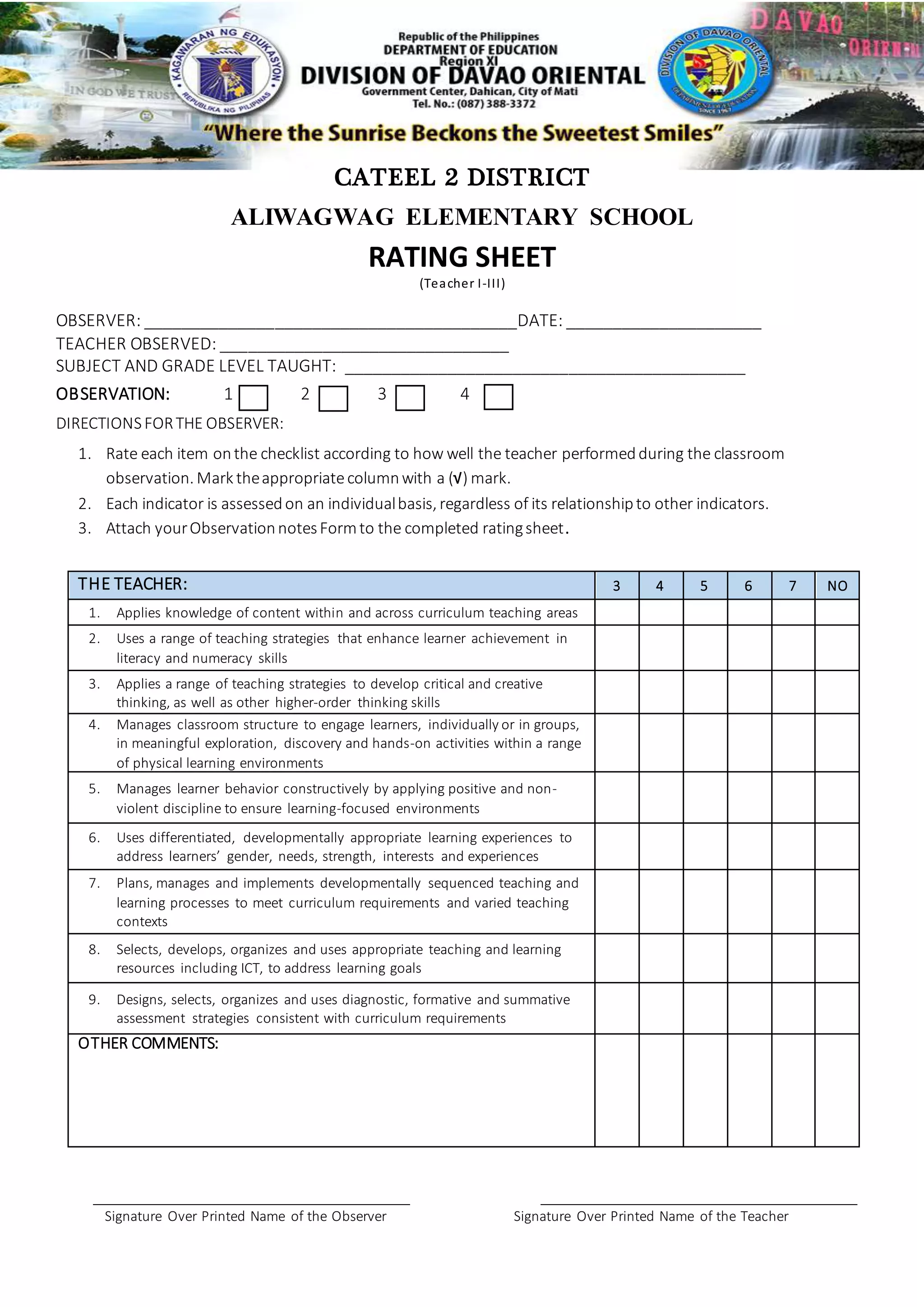 Rating sheet for teachers | PDF
