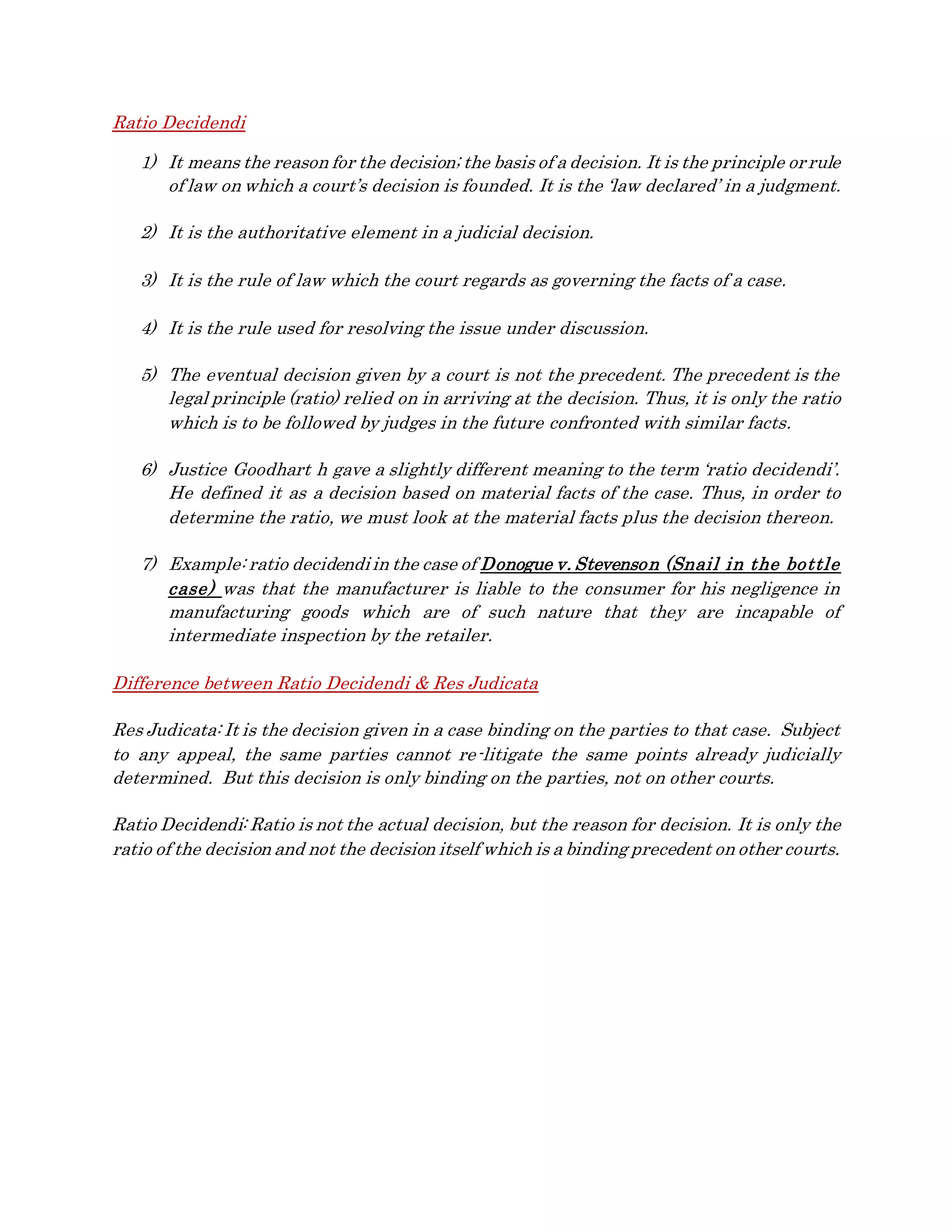 Ratio decidendi, Obiter Dicta and Stare Decisis | DOCX