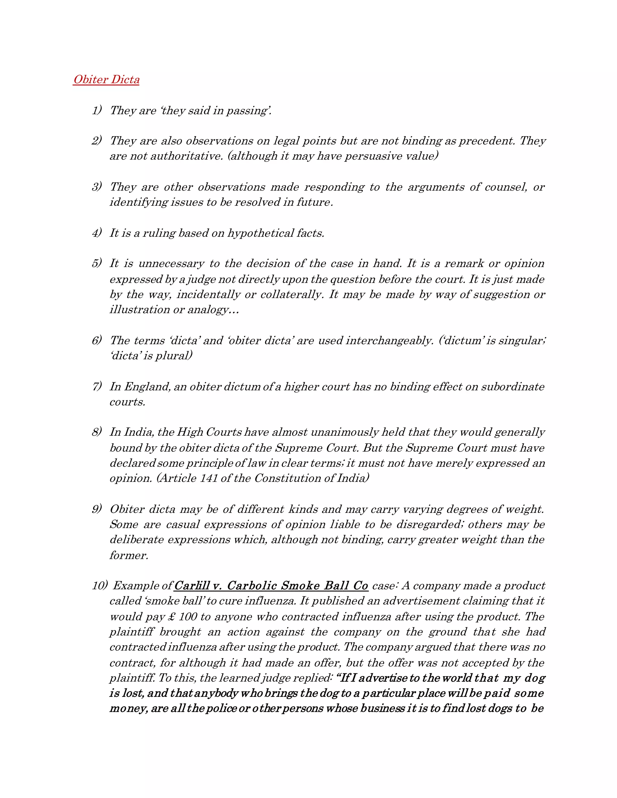 Ratio decidendi, Obiter Dicta and Stare Decisis | DOCX