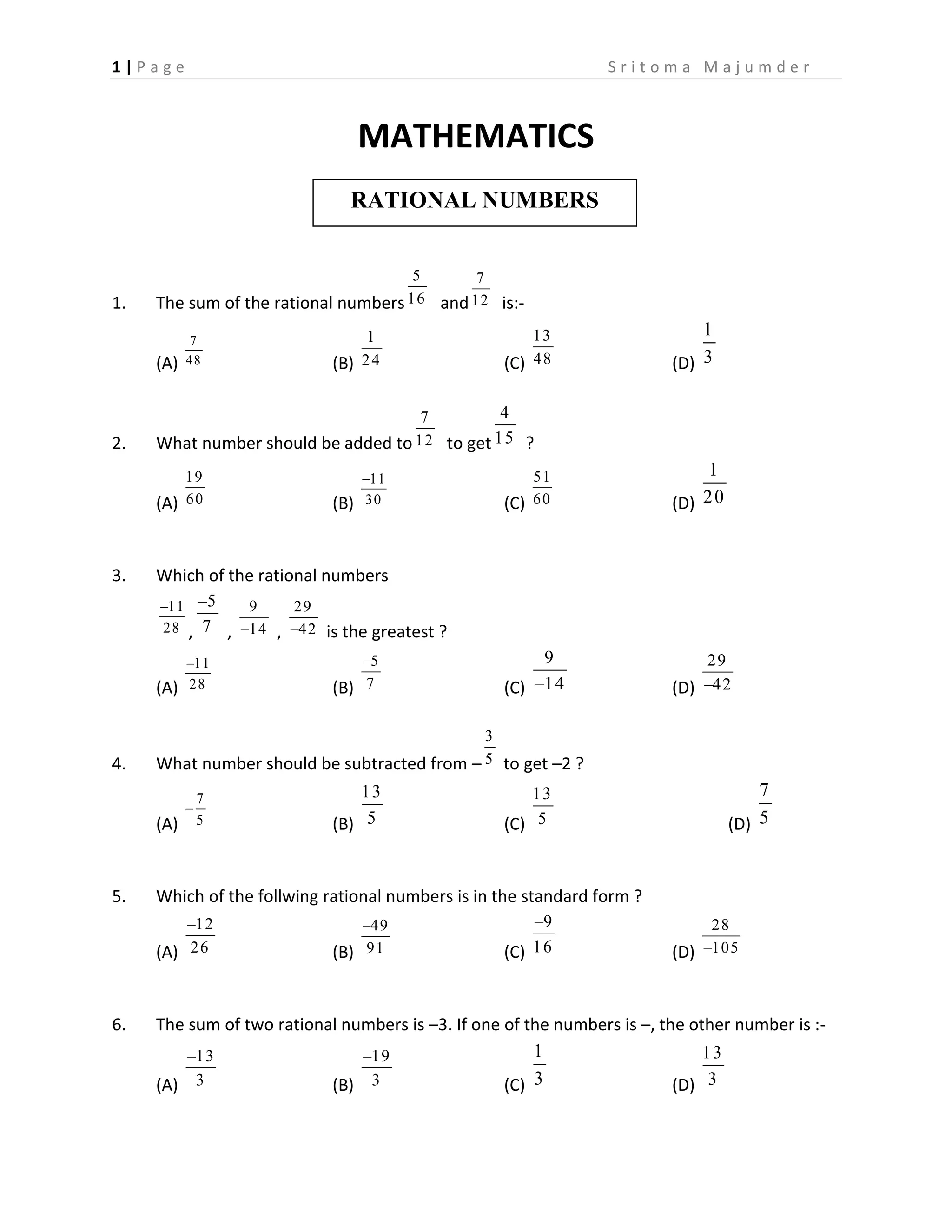 CBSE Grade 8 Mathematics Rational Numbers Multiple Choice Questions ...