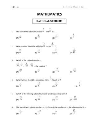 CBSE Grade 8 Mathematics Rational Numbers Multiple Choice Questions ...