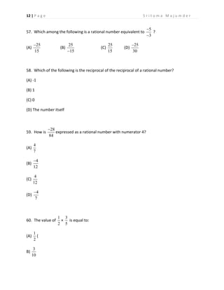 CBSE Grade 8 Mathematics Rational Numbers Multiple Choice Questions ...