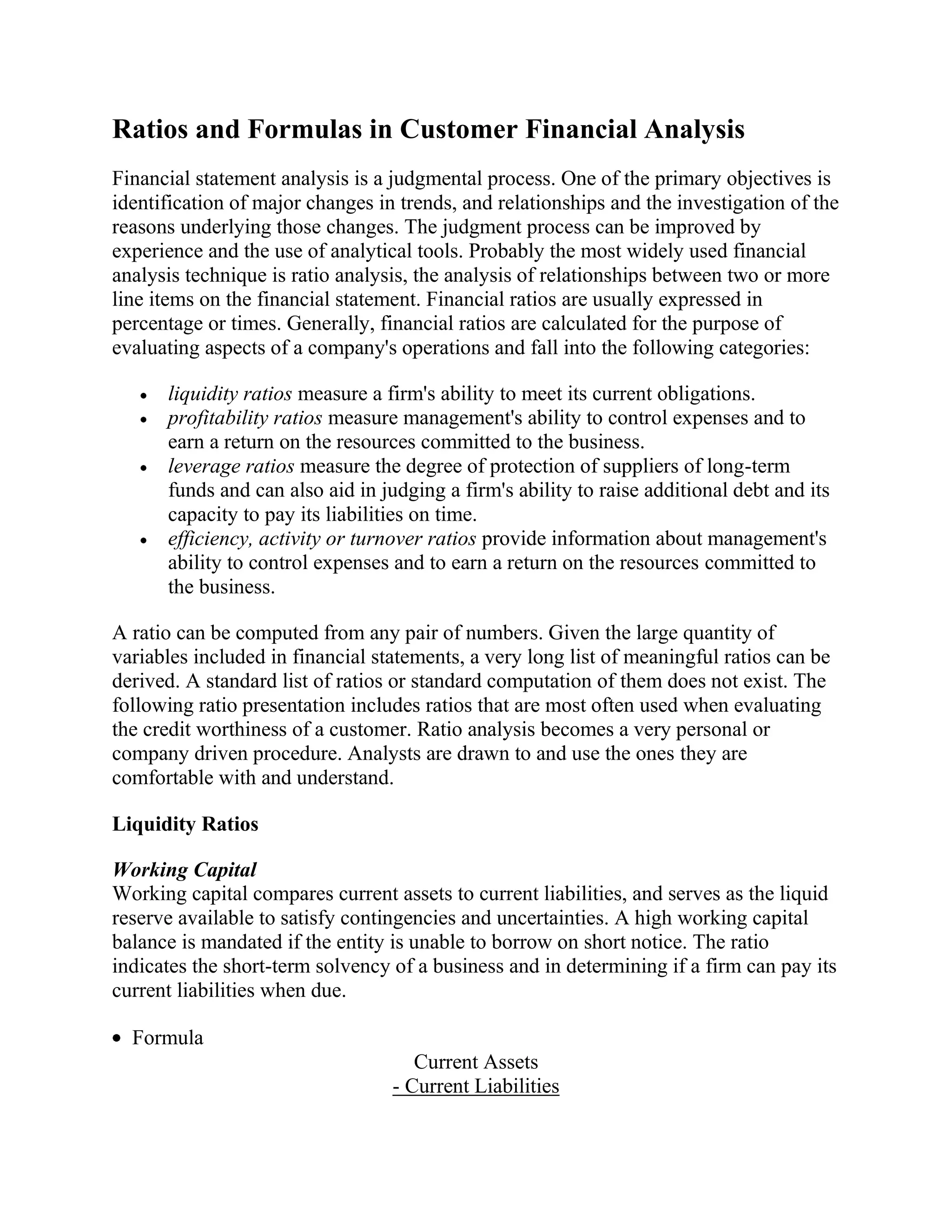 Ratios and formulas in customer financial analysis | DOCX