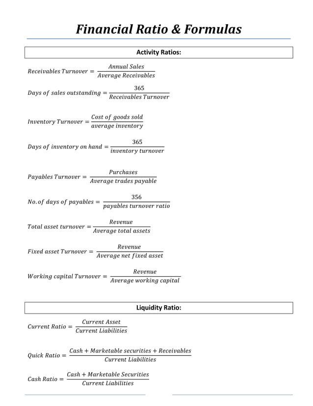 Financial Ratios and Formulas for Analysis | DOCX | Stocks and Bonds ...