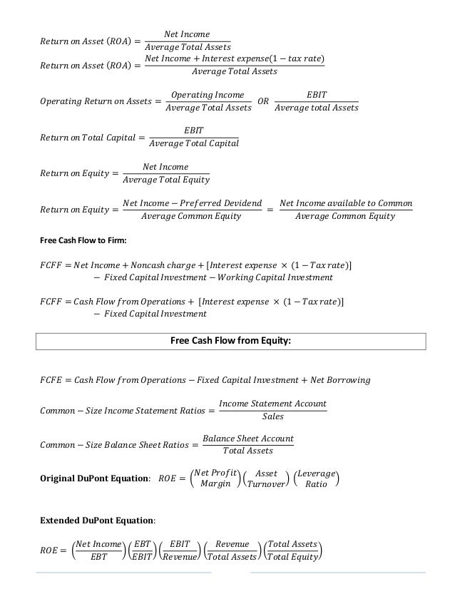 Financial Ratios And Formulas For Analysis Financial Ratios And Formulas For Analysis