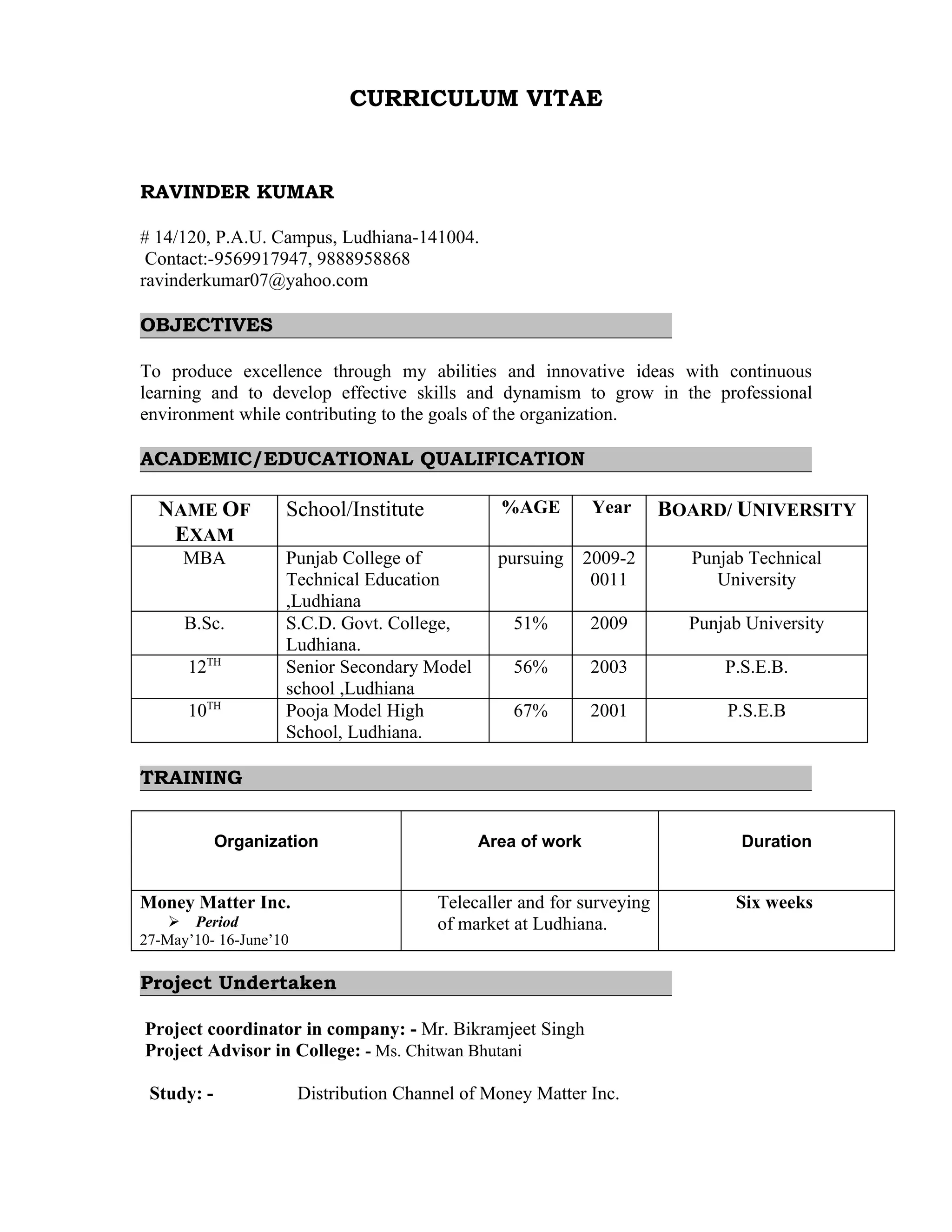 Ravinder Kumar( resume) | DOC
