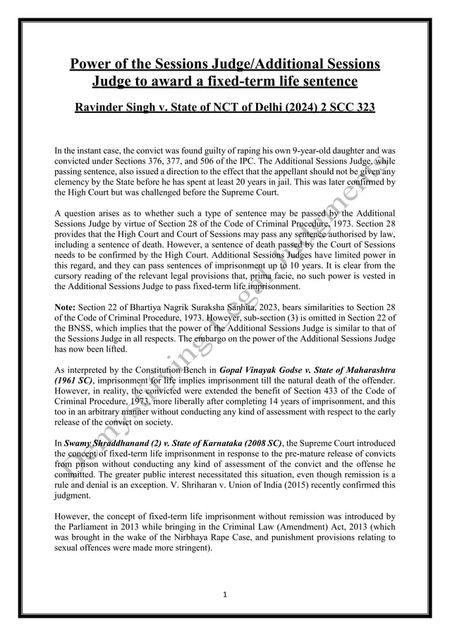 Power of the Sessions Judge/Additional Sessions Judge to award a fixed-term life sentence | PDF ...