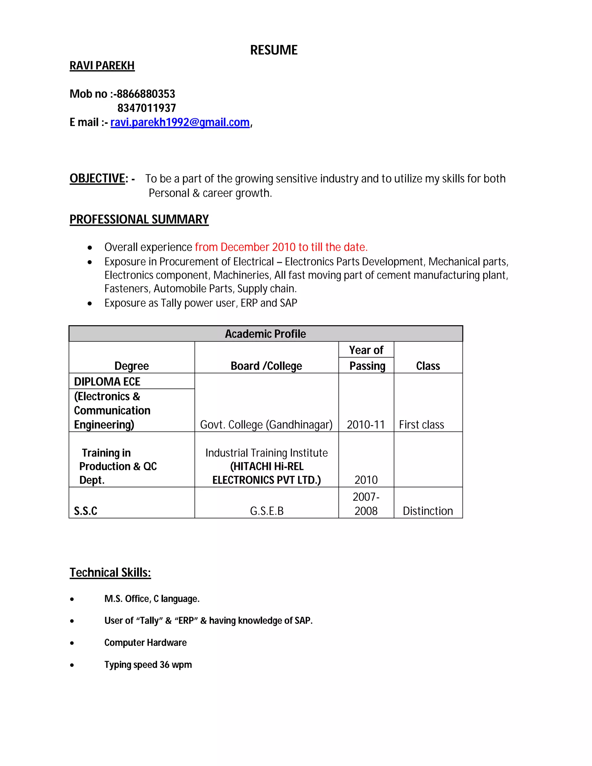 Having 5 Years Experience as Sr. Purchase Engineer | PDF