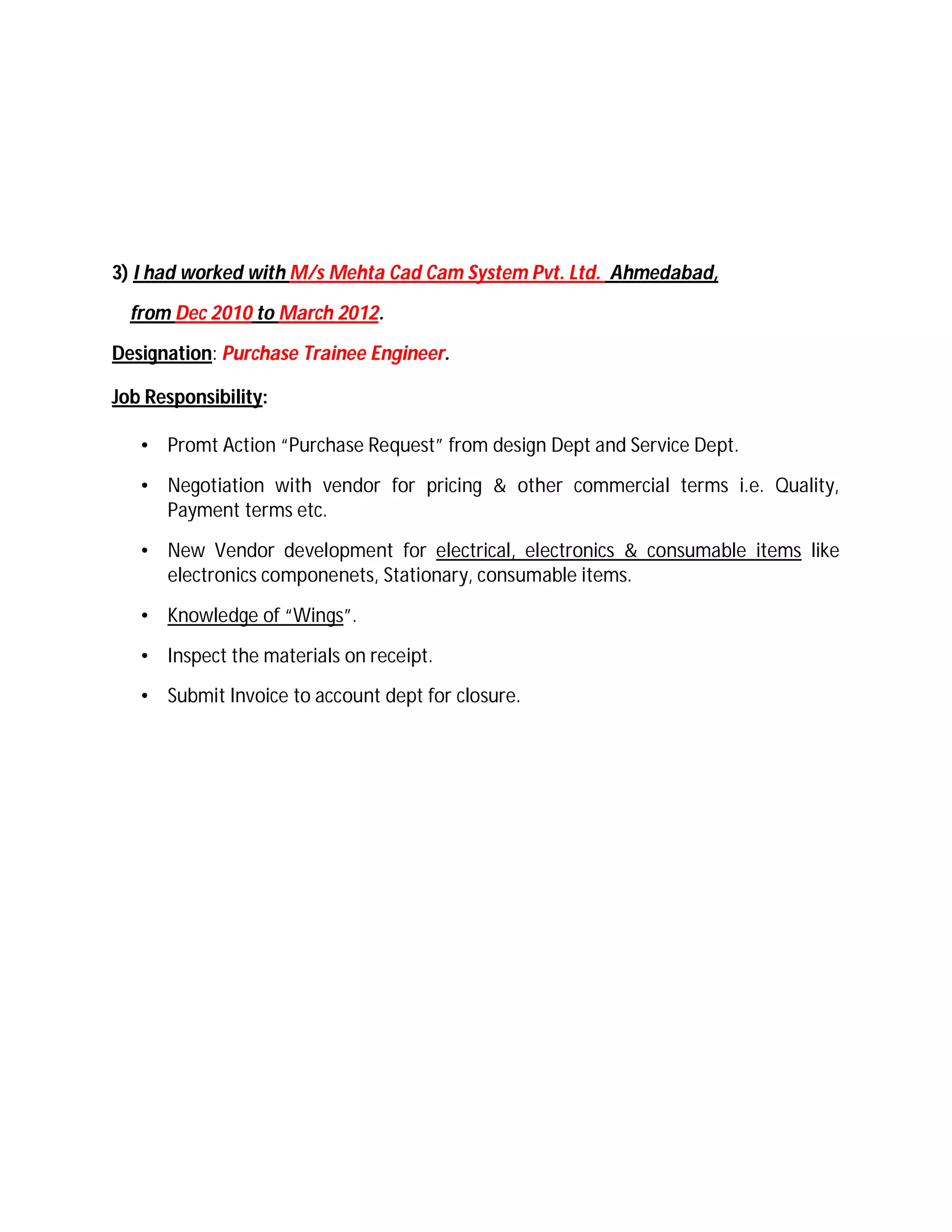 Having 5 Years Experience as Sr. Purchase Engineer | PDF