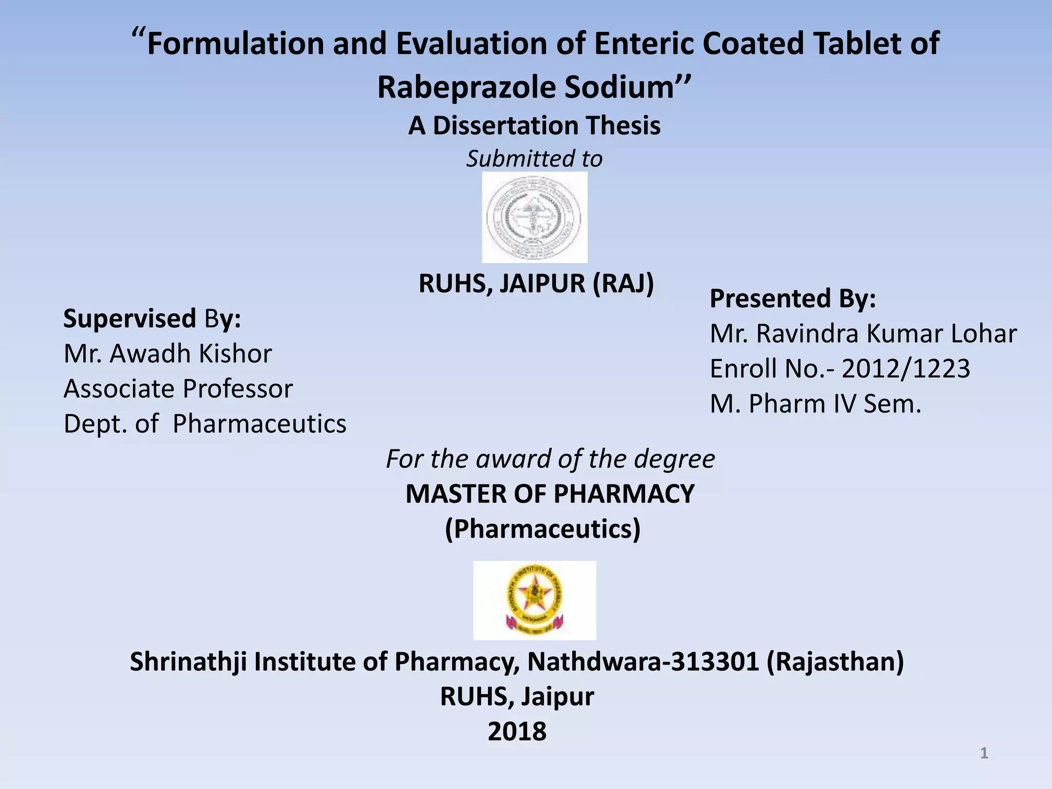 Formulation and Evaluation of Enteric Coated Tablet of Rabeprazole ...