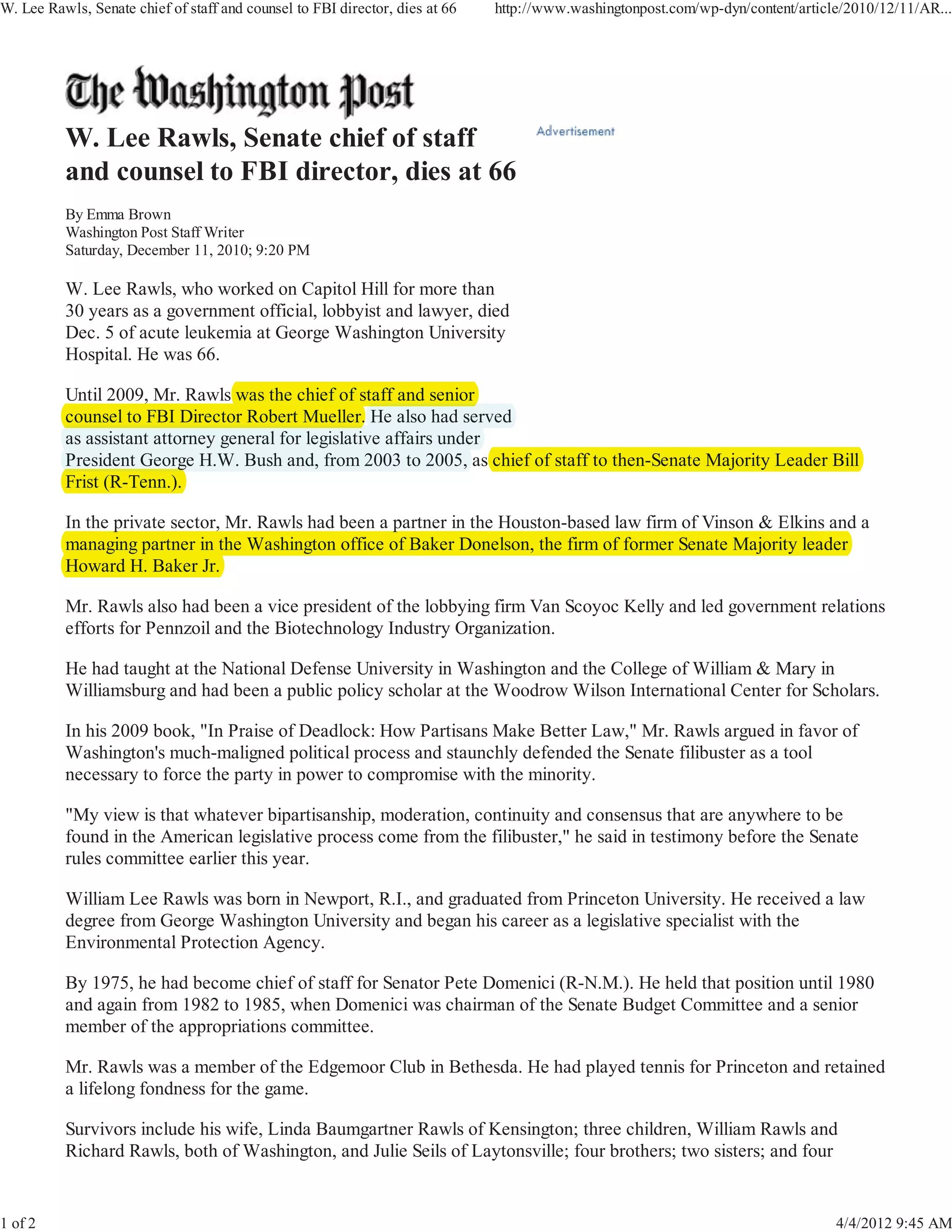 Rawls w lee (baker donelsonemployee-senior counsel to fbi) | PDF