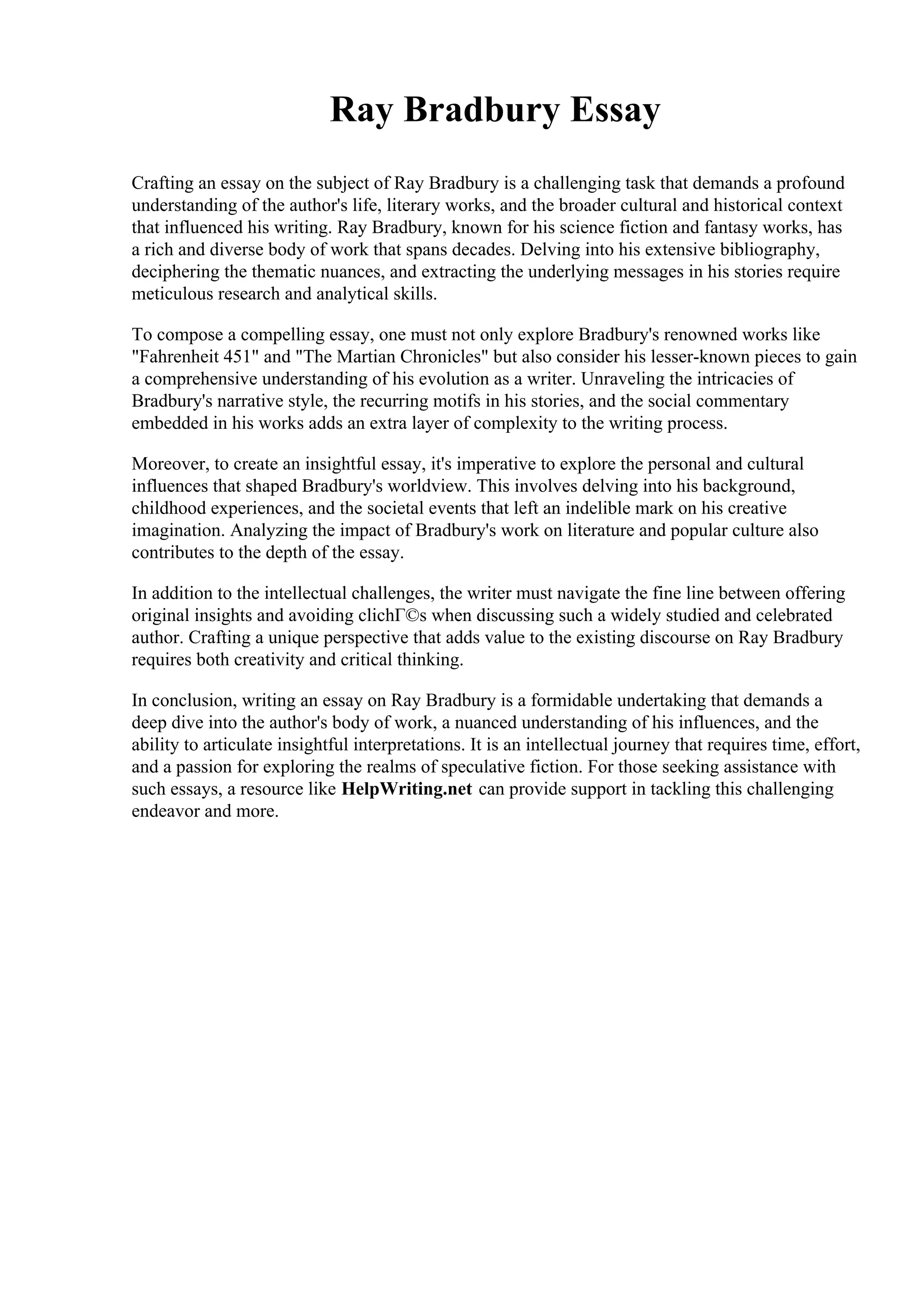 Ray Bradbury Essay. University of North Alabama | PDF