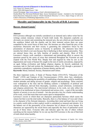 Morality and Immorality in the novels of D H Lawrence by Rayees Ahmad ...