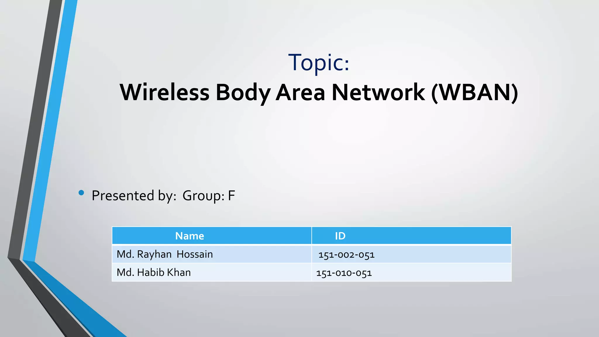 Wireless Body Area Network (WBAN) by Rayhan Khoka | PPTX