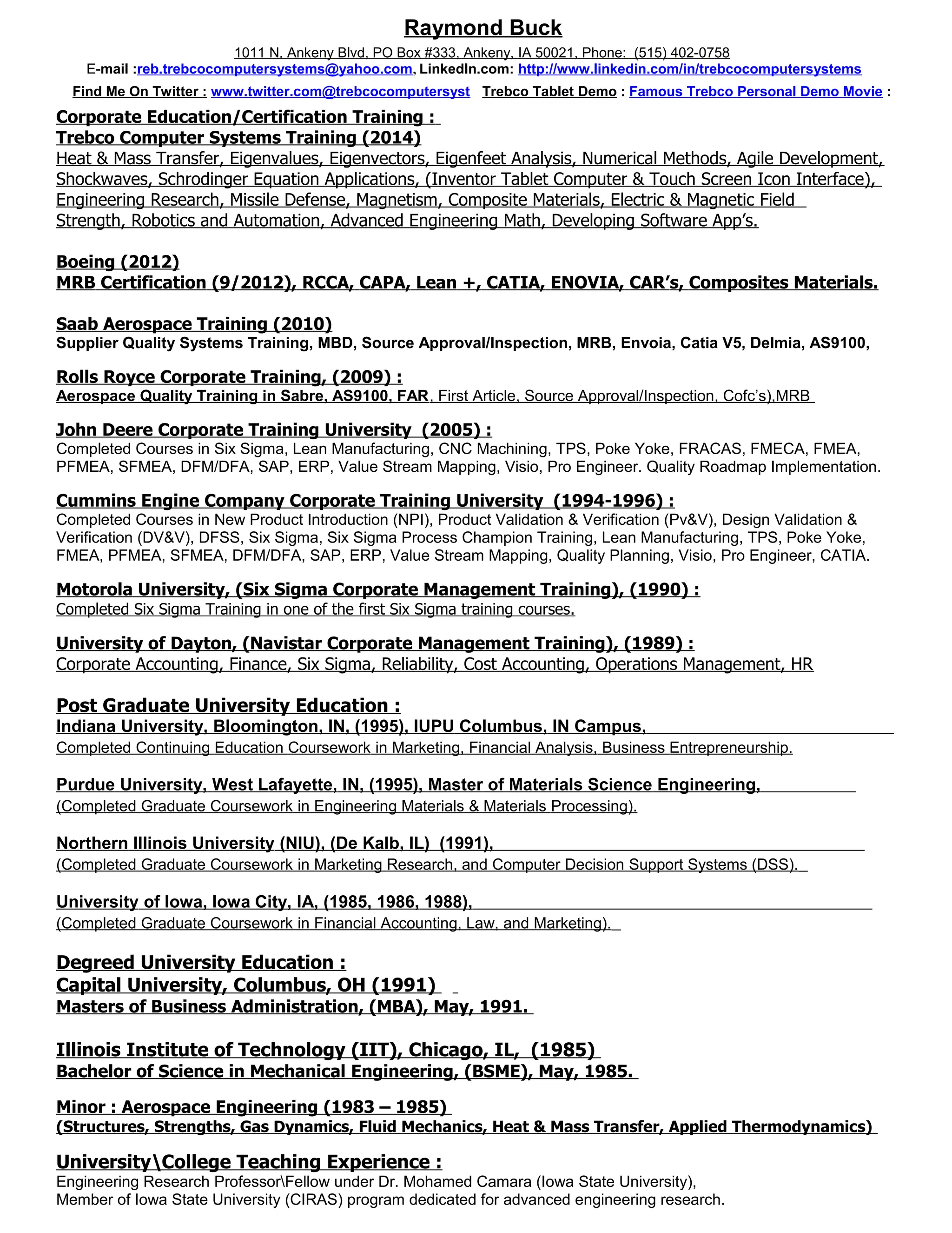 Professor Raymond Buck Latest Resume [01 17-15] | PDF