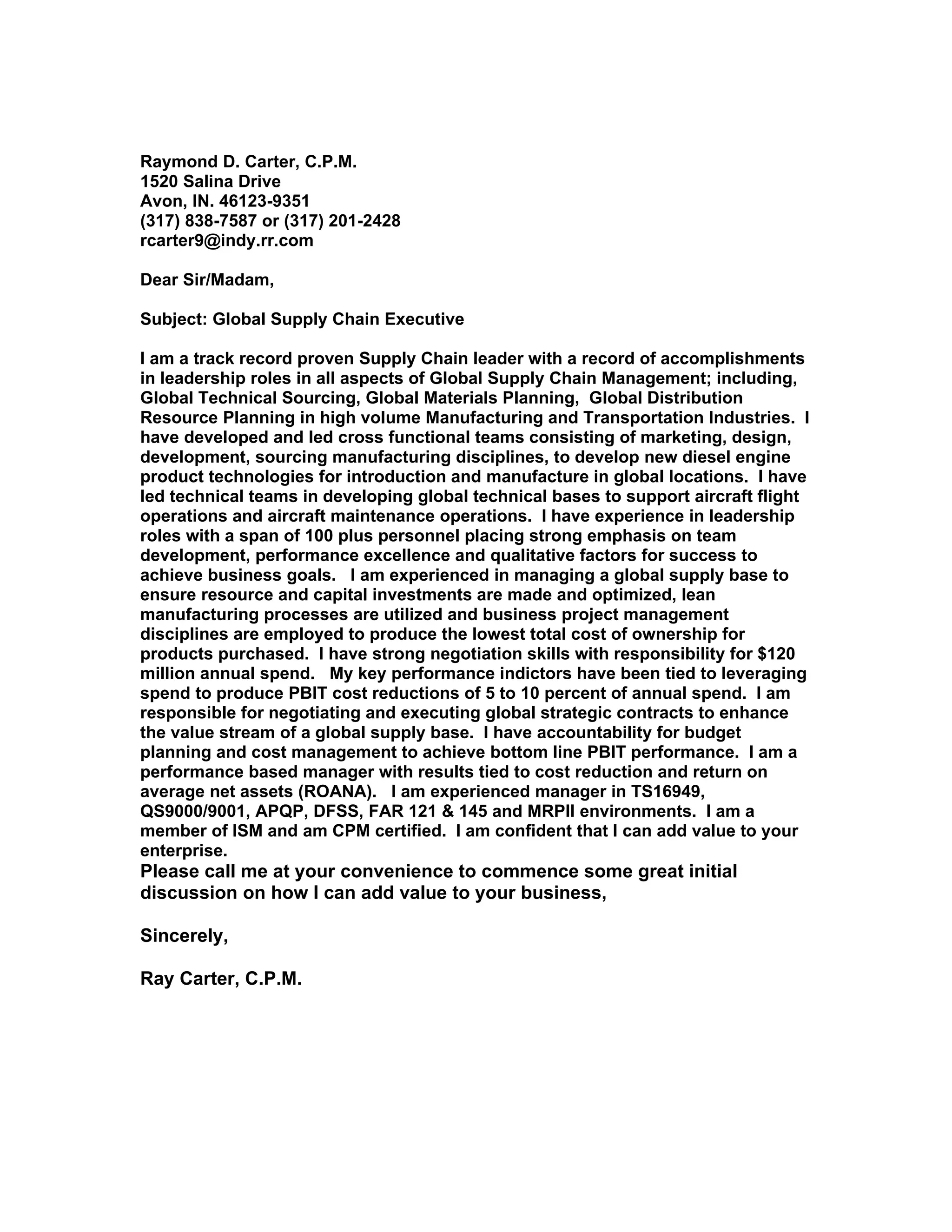Raymond D. Carter Cover Letter | DOC