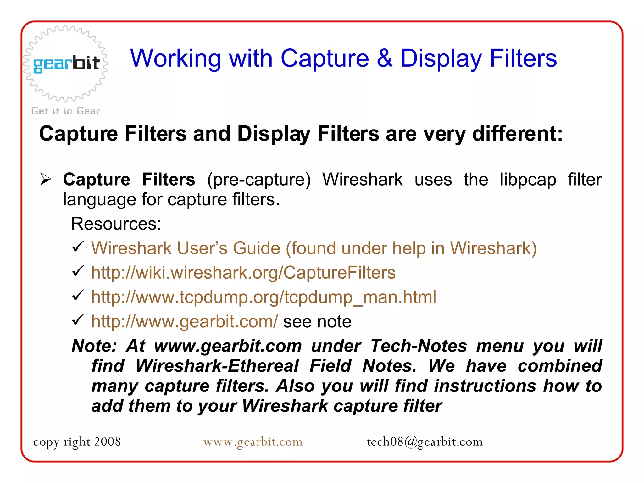 OSTU - Wireshark Capture Filters (by Ray Tompkins) | PPT