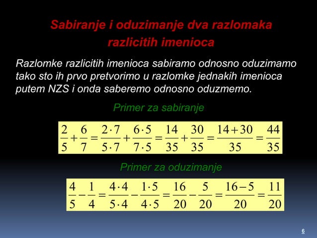 Razlomci: sabiranje i oduzimanje | PPTX